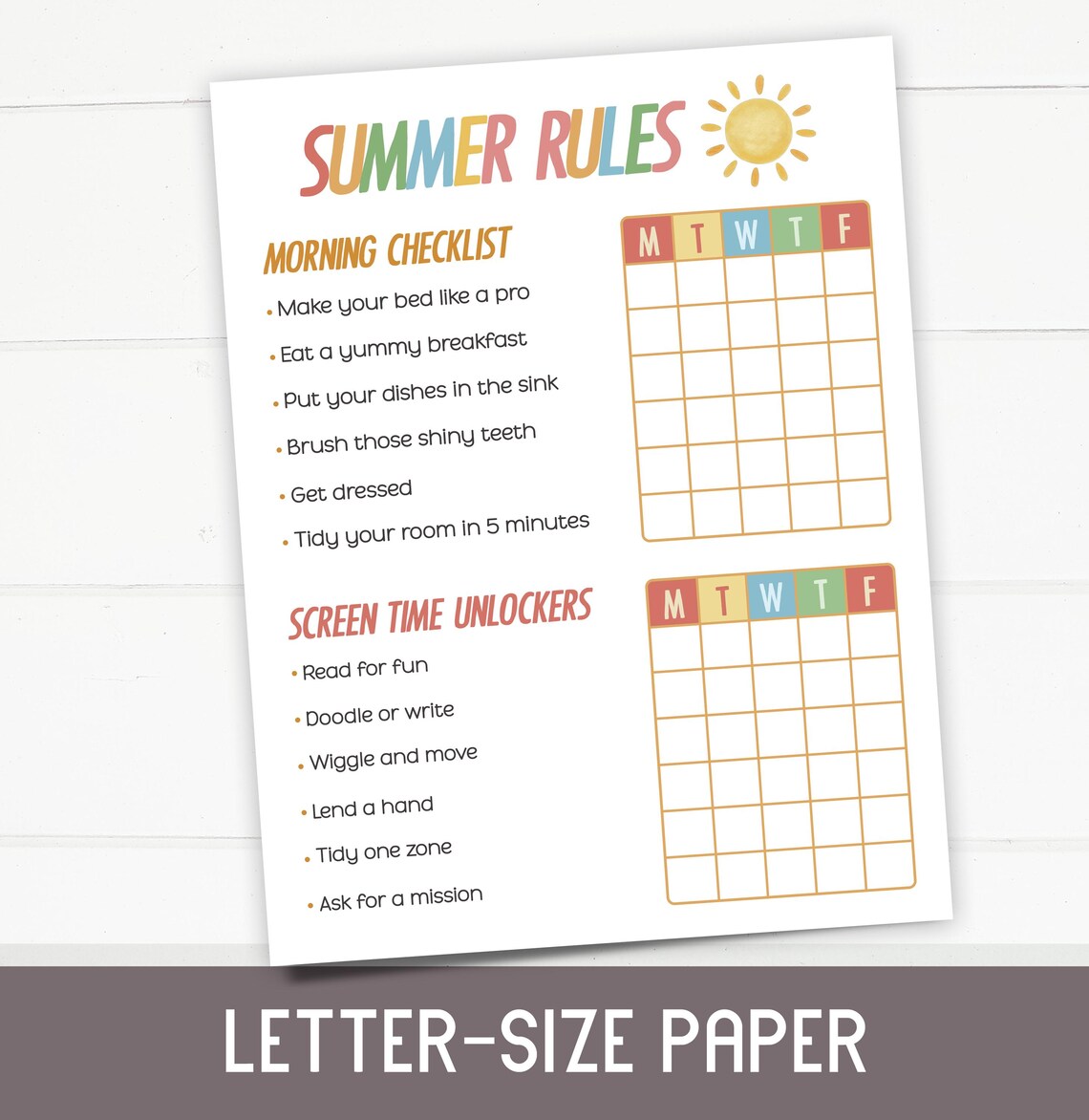 Summer Rules Chart for Kids – Morning Checklist & Screen Time Routine ...