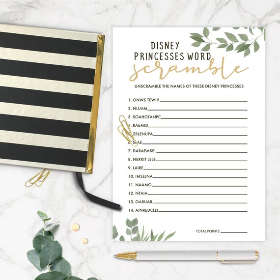 Bridal shower game. Disney Princesses Word Scramble. Greenery. Hen ...