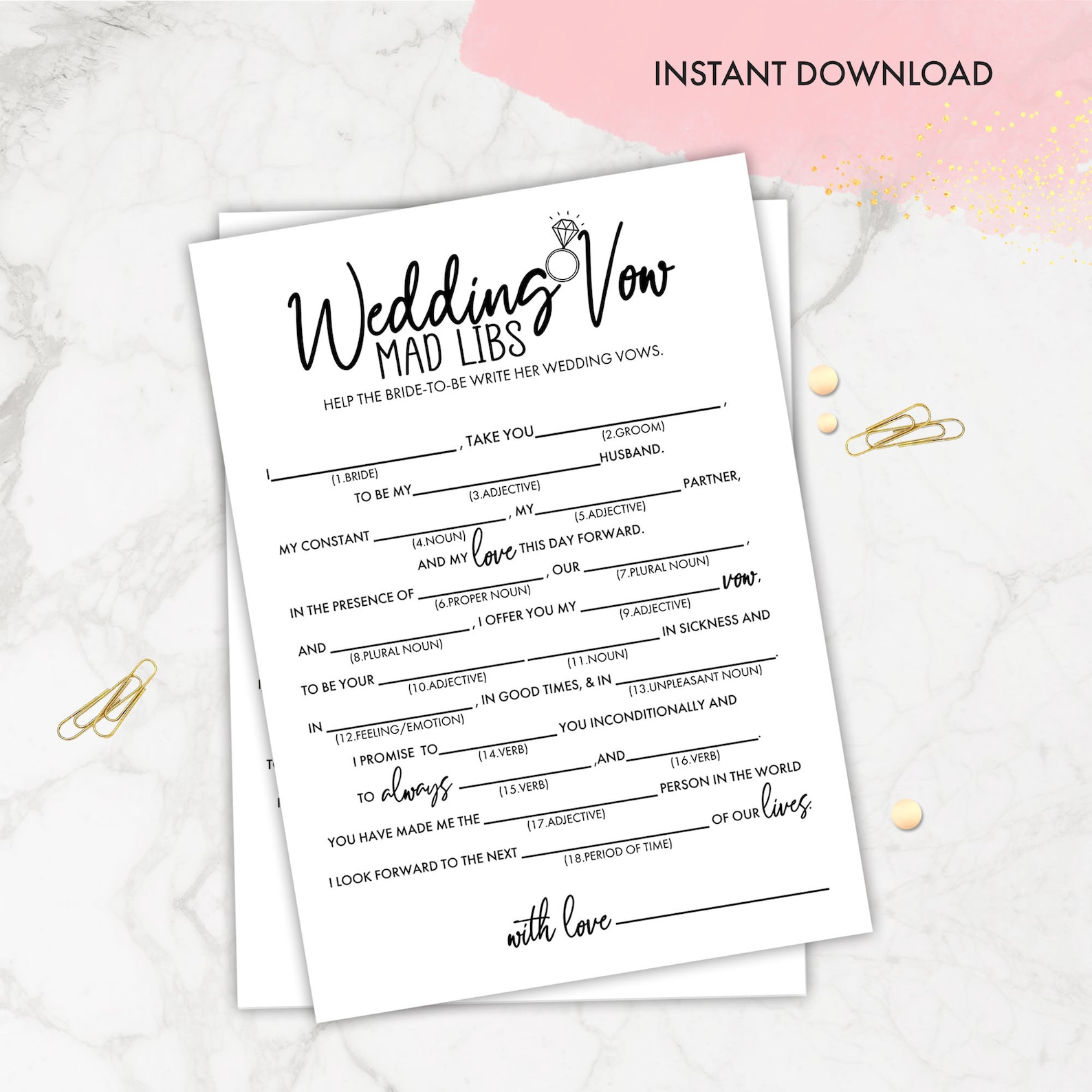 Bridal Shower Games. Wedding Vow Mad Libs. Bride and Groom - Etsy