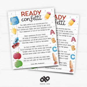Back to School Ready Confetti Printable Poem. First Day of Kindergarten ...