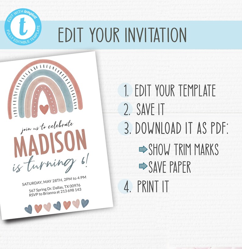 Editable Boho Rainbow Invitation. Birthday Party. Digital - Etsy