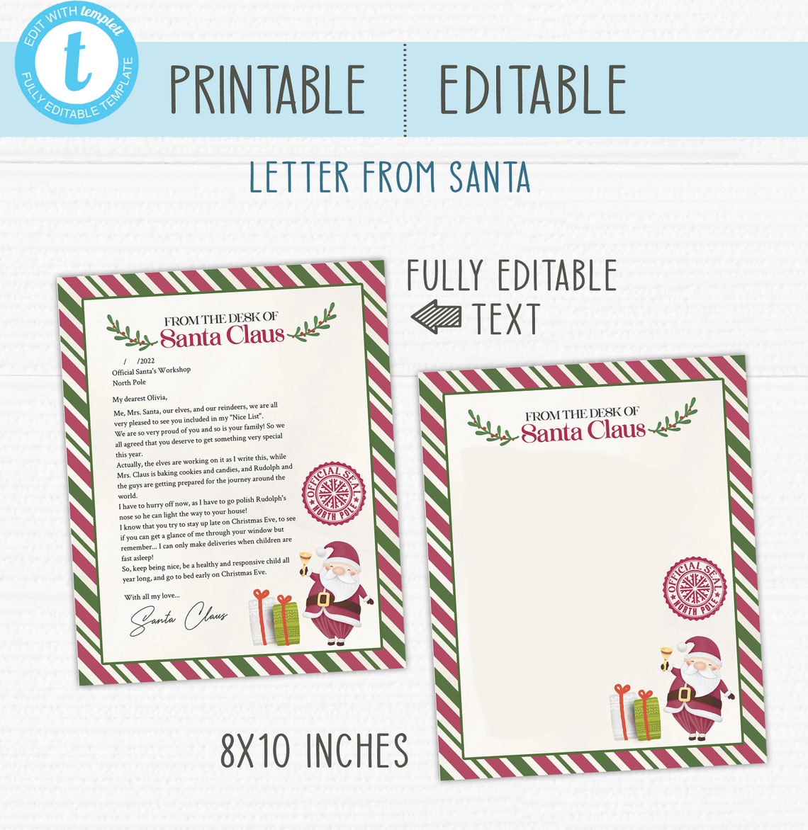 Printable Letter From Santa Claus. Editable Template. 8x10 - Etsy