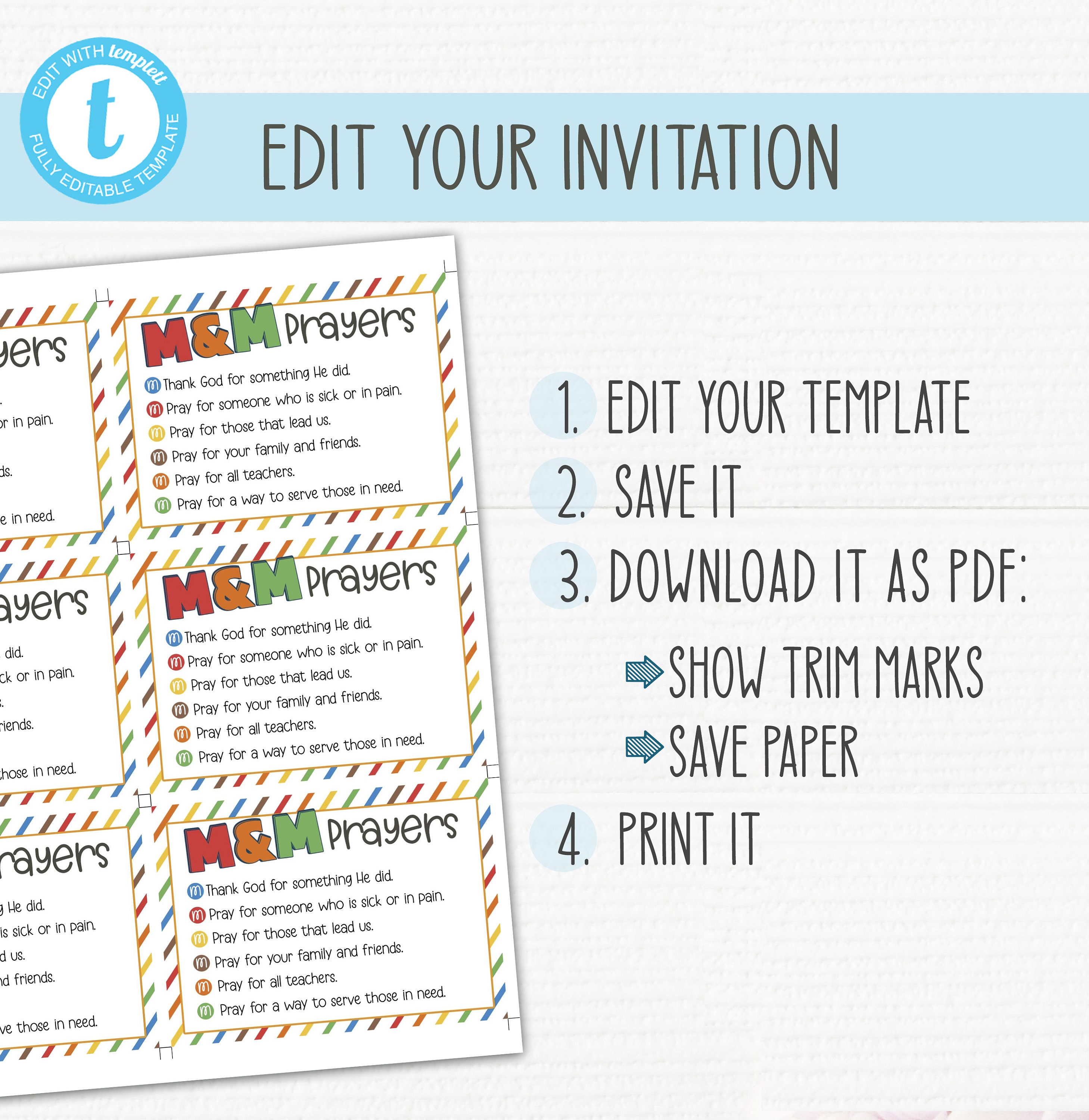 Printable M&M Prayers Tag. Editable Sunday School Cards. VBS. Instant ...