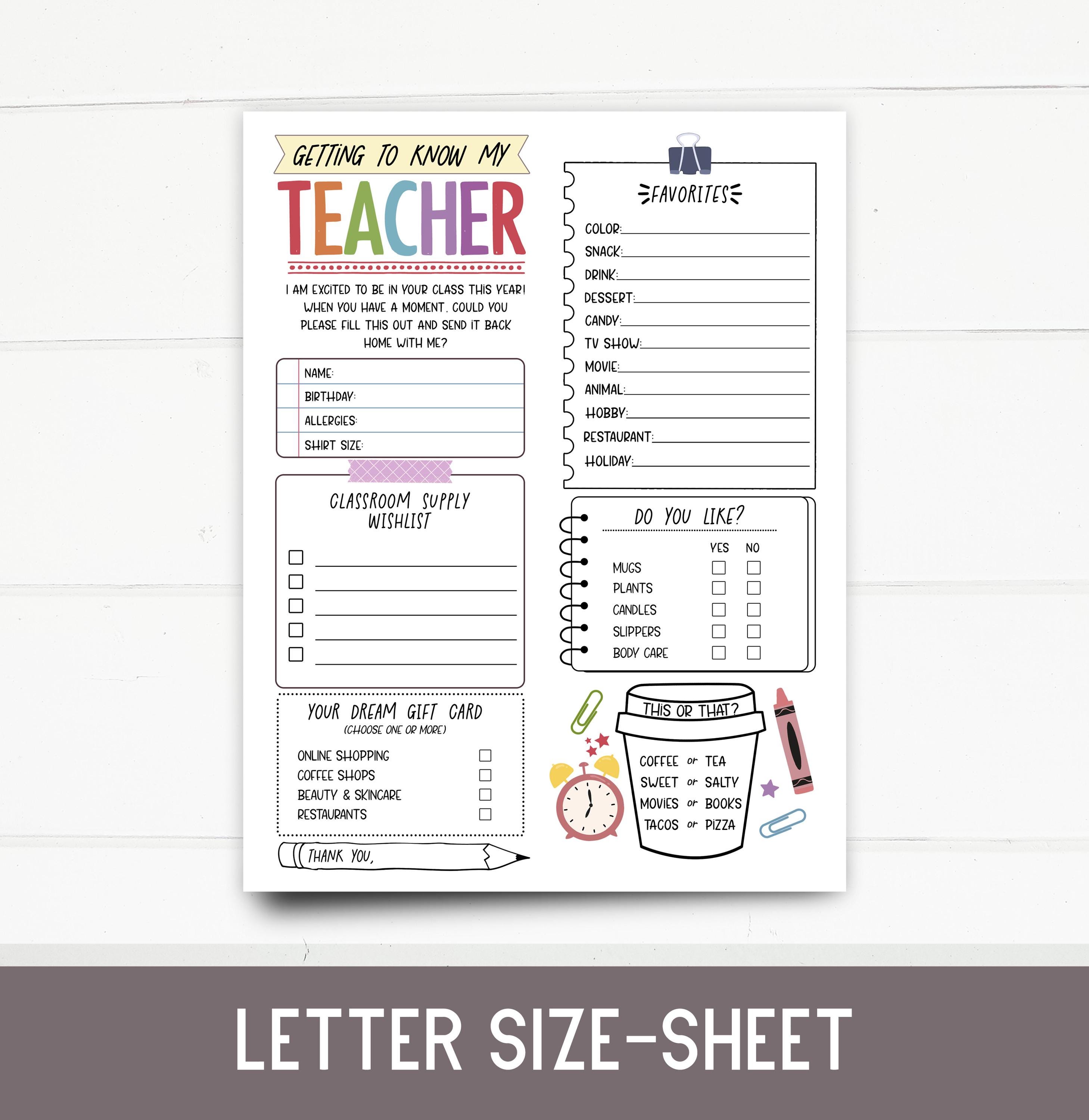 Getting to Know My Teacher Printable | All About My Teacher | Teacher’s ...