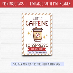 Printable Coffee Teacher Gift Tag. Espresso Our Gratitude. Appreciation ...
