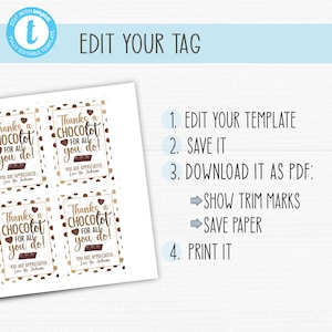 Teacher, Staff Appreciation Favor Tags. Chocolate Favor Printable Tag ...