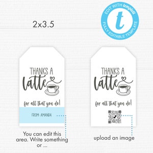 Printable Thanks a Latte Tag. Three Sizes. Gray. Editable Template - Etsy