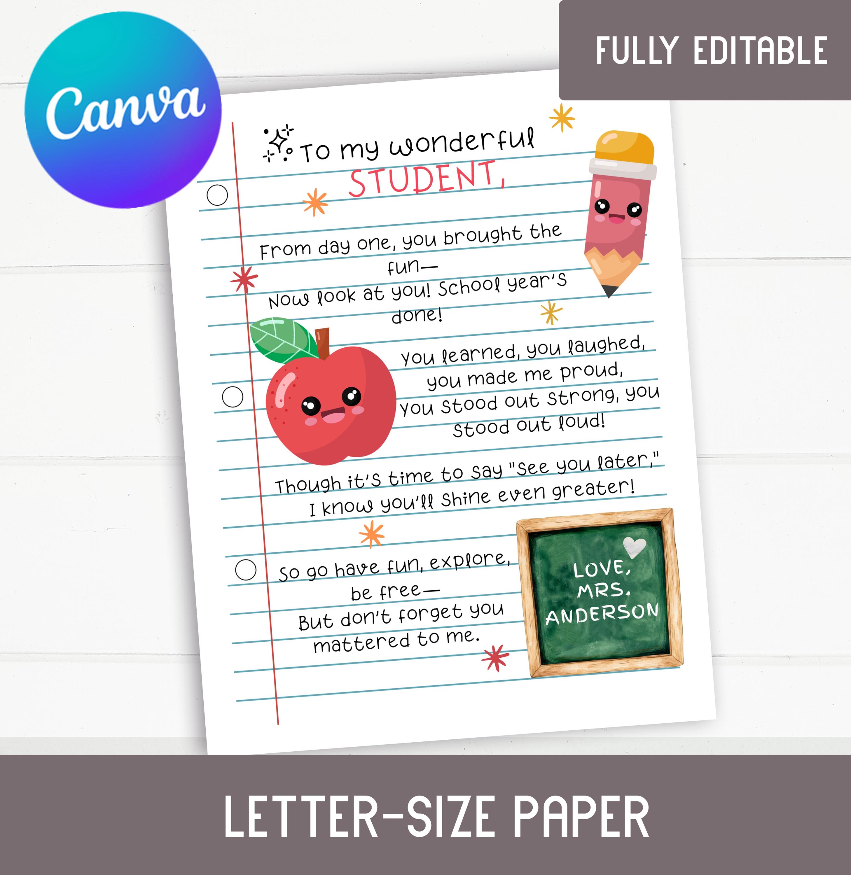 Editable End of School Year Letter for Students – Last Day Gift From ...