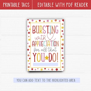 Bursting With Appreciation Favor Tag. Printable Tag. Employee, Staff ...