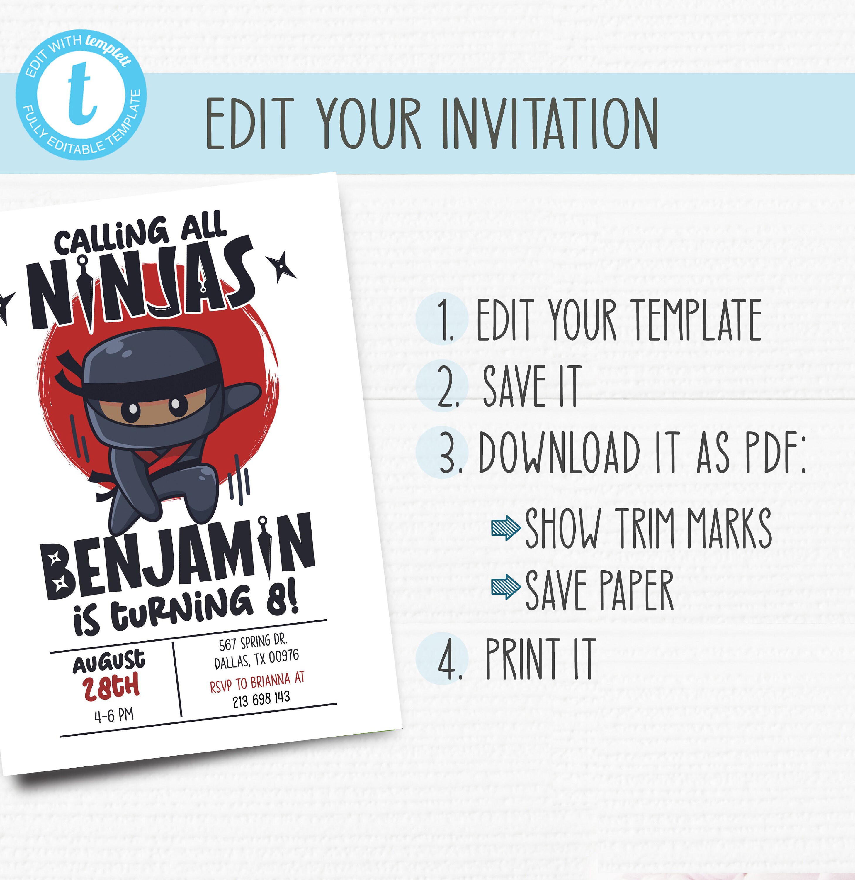Editable Ninja Party Invitation. Boy Birthday Party. Free Favor Tag and ...