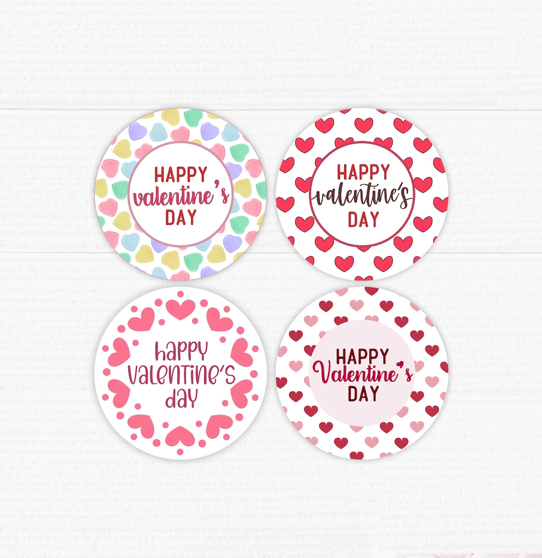 Printable Happy Valentines Day Round Tags. Hearts. Four Different ...