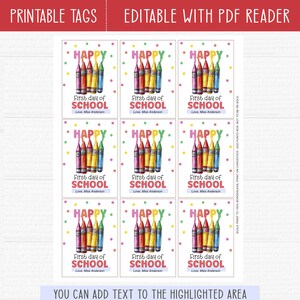 Printable Crayons First Day of School Tag. Editable Gift Label. Welcome ...