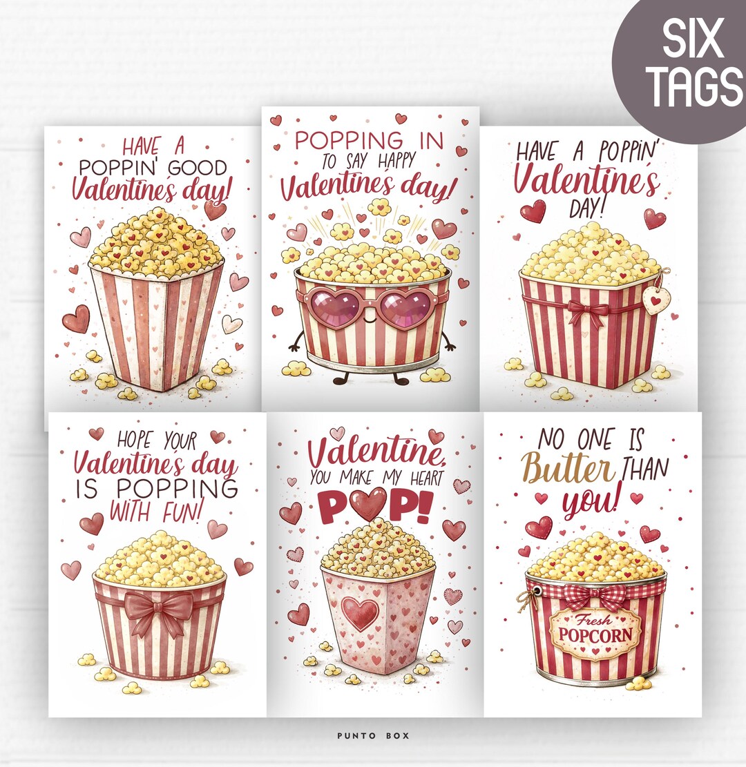 Valentine Popcorn Tags Printable Set of 6 | Poppin’ by Gift Cards| 2 ...