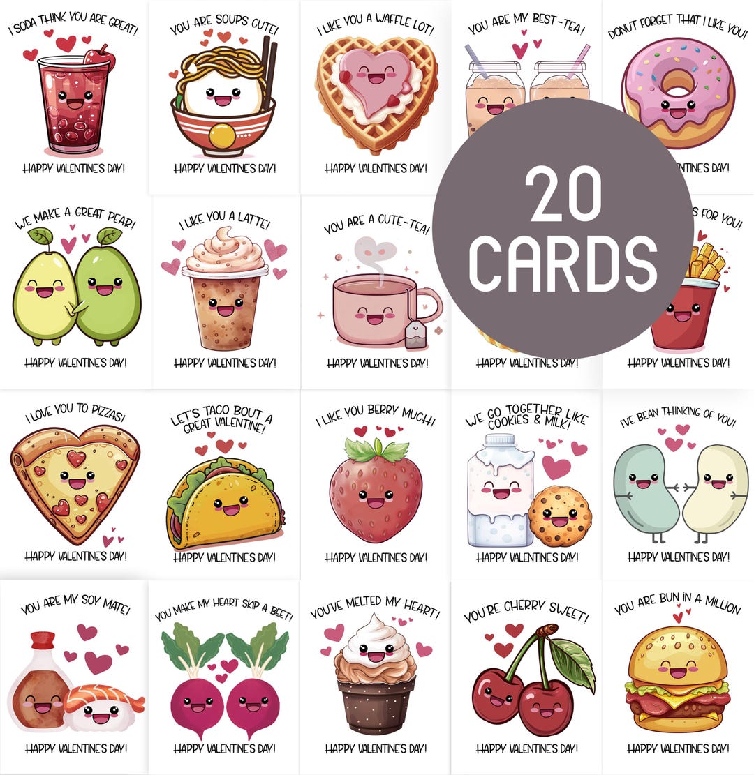 Valentine’s Food Pun Cards | Cute & Editable | 20-pack. Instant ...