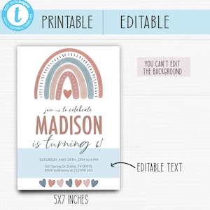 Editable Boho Rainbow Invitation. Birthday Party. Digital Download ...