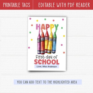 Printable Crayons First Day of School Tag. Editable Gift Label. Welcome ...