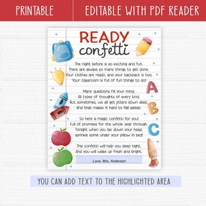 Back to School Ready Confetti Printable Poem. First Day of Kindergarten ...