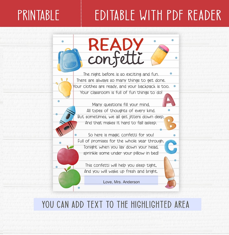 Back to School Ready Confetti Printable Poem. First Day of Kindergarten ...