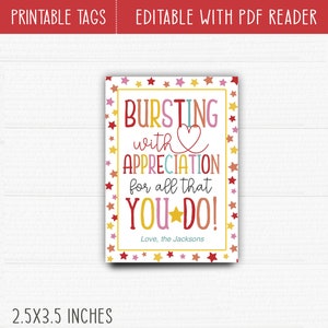 Bursting With Appreciation Favor Tag. Printable Tag. Employee, Staff ...