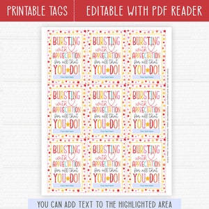 Bursting With Appreciation Favor Tag. Printable Tag. Employee, Staff ...