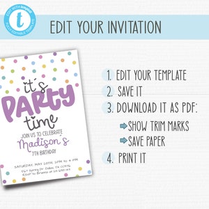 Editable Birthday Birthday Invitation. Its Party Time. Confetti. Favor ...