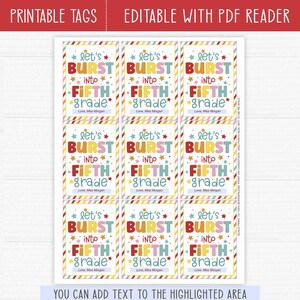 Printable Back to School Star Burst Tag. Editable Tag. Fifth Grade ...