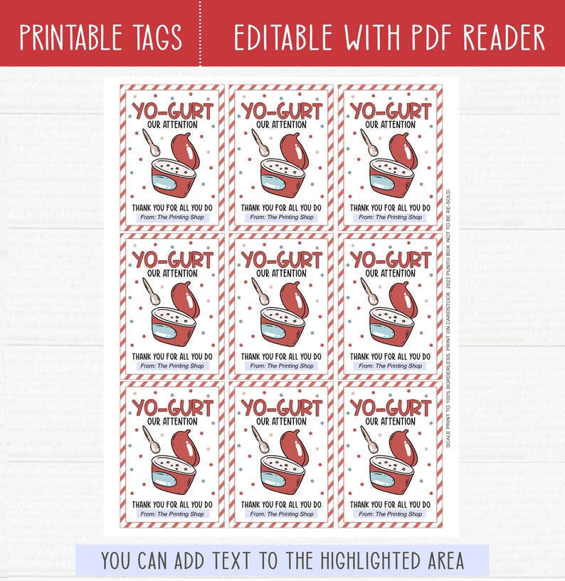 Printable Gift Tag. Yogurt Our Attention. Teacher, Employee ...