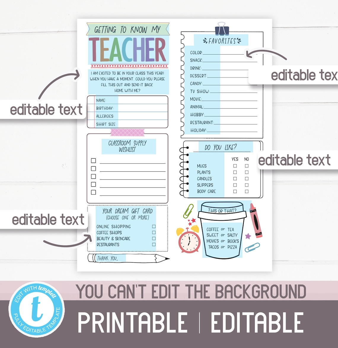 Editable Getting to Know My Teacher Printable | Teacher Favorites ...