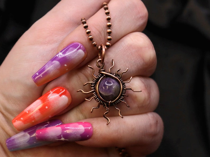 Amethyst Sun Necklace - Handcrafted Copper Wire Wrapped Pendant - Etsy