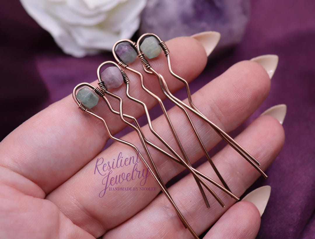 Fluorite Copper Mini Hair Pins – Raw Antiqued Copper With Genuine ...