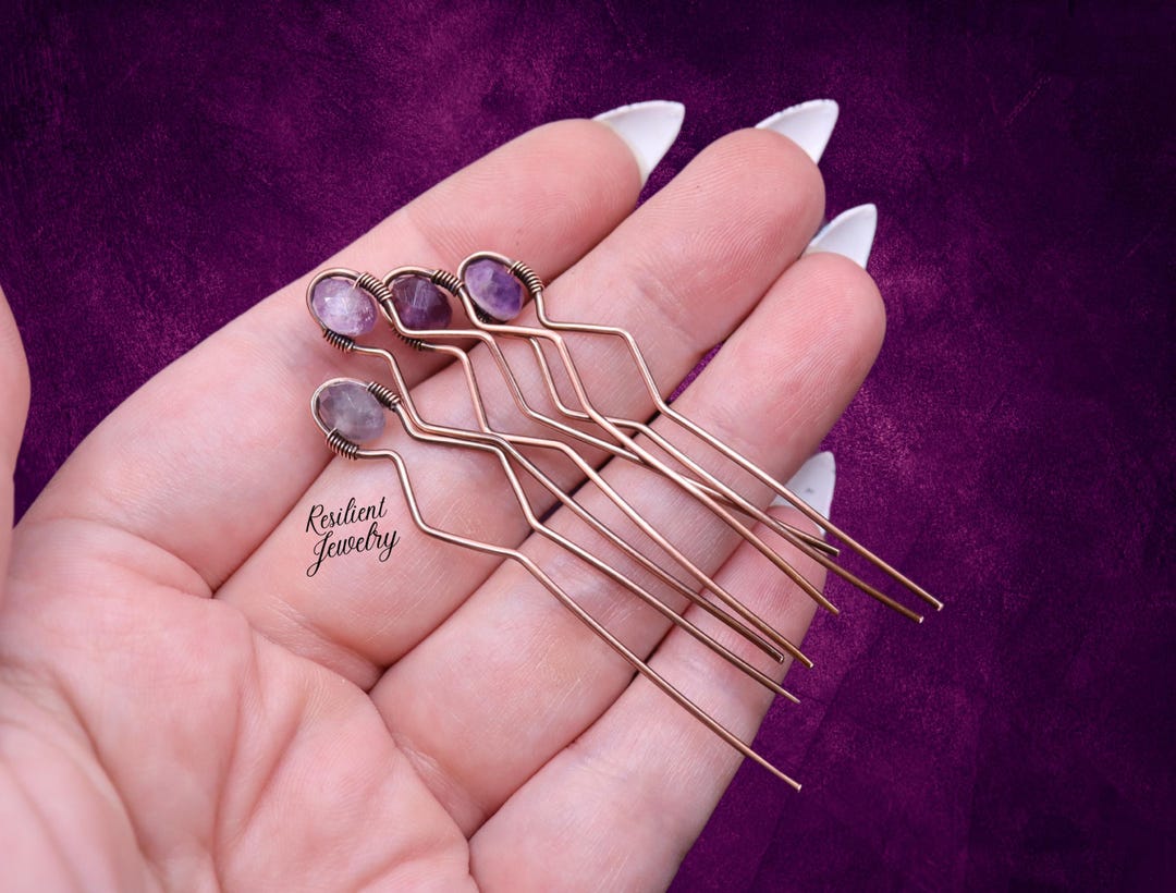 Mini Amethyst Hair Pins- Rustic Copper Wire Wrapped Hair Accessories ...