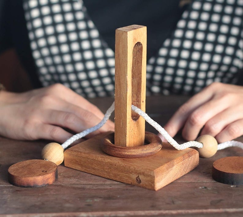 Wooden Ring & Rope Puzzle: Handmade IQ Brain Teaser - Etsy