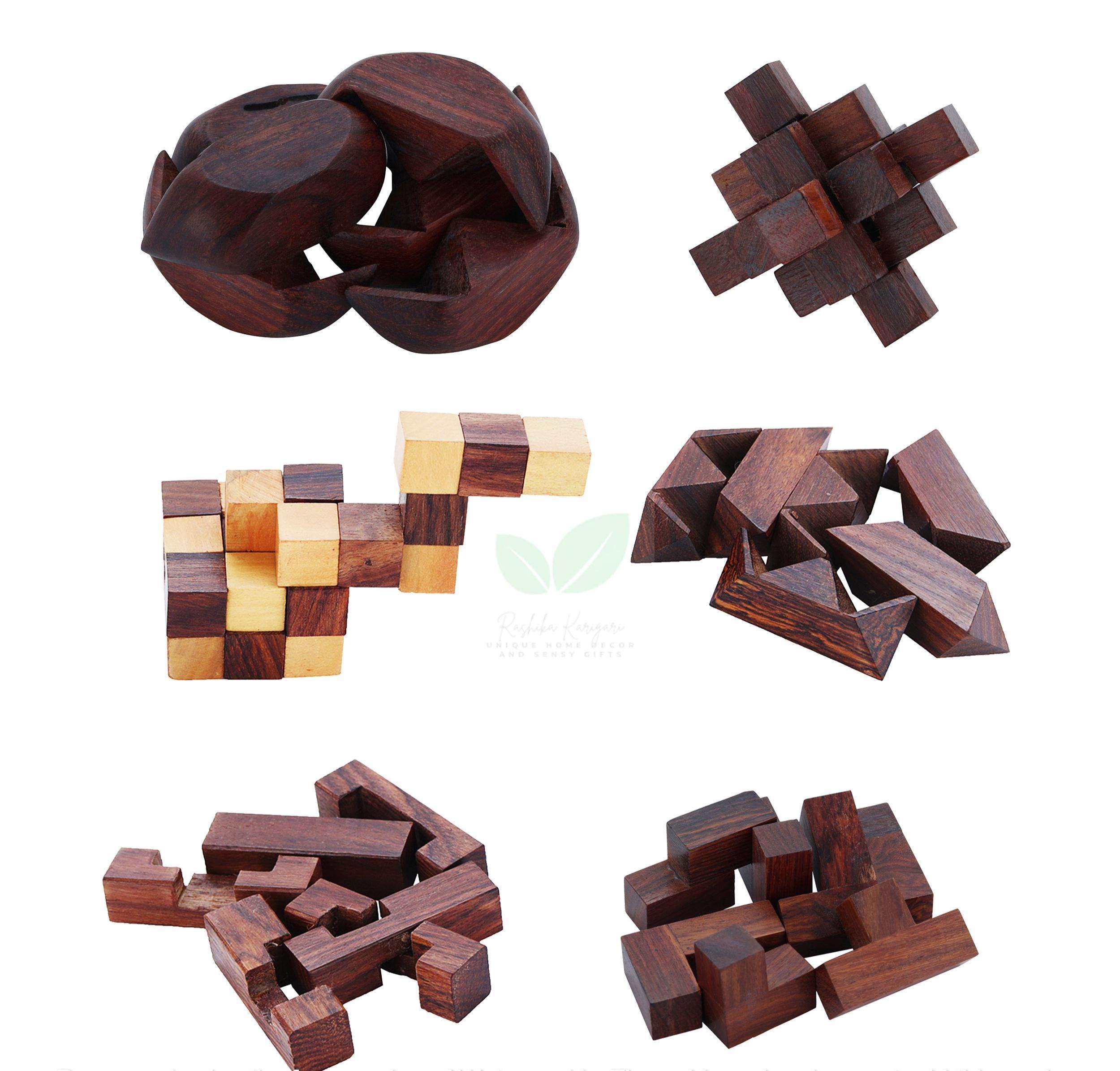 Handcrafted Wooden Brain Teaser Puzzle Set: 6-in-1 IQ Game Made in ...
