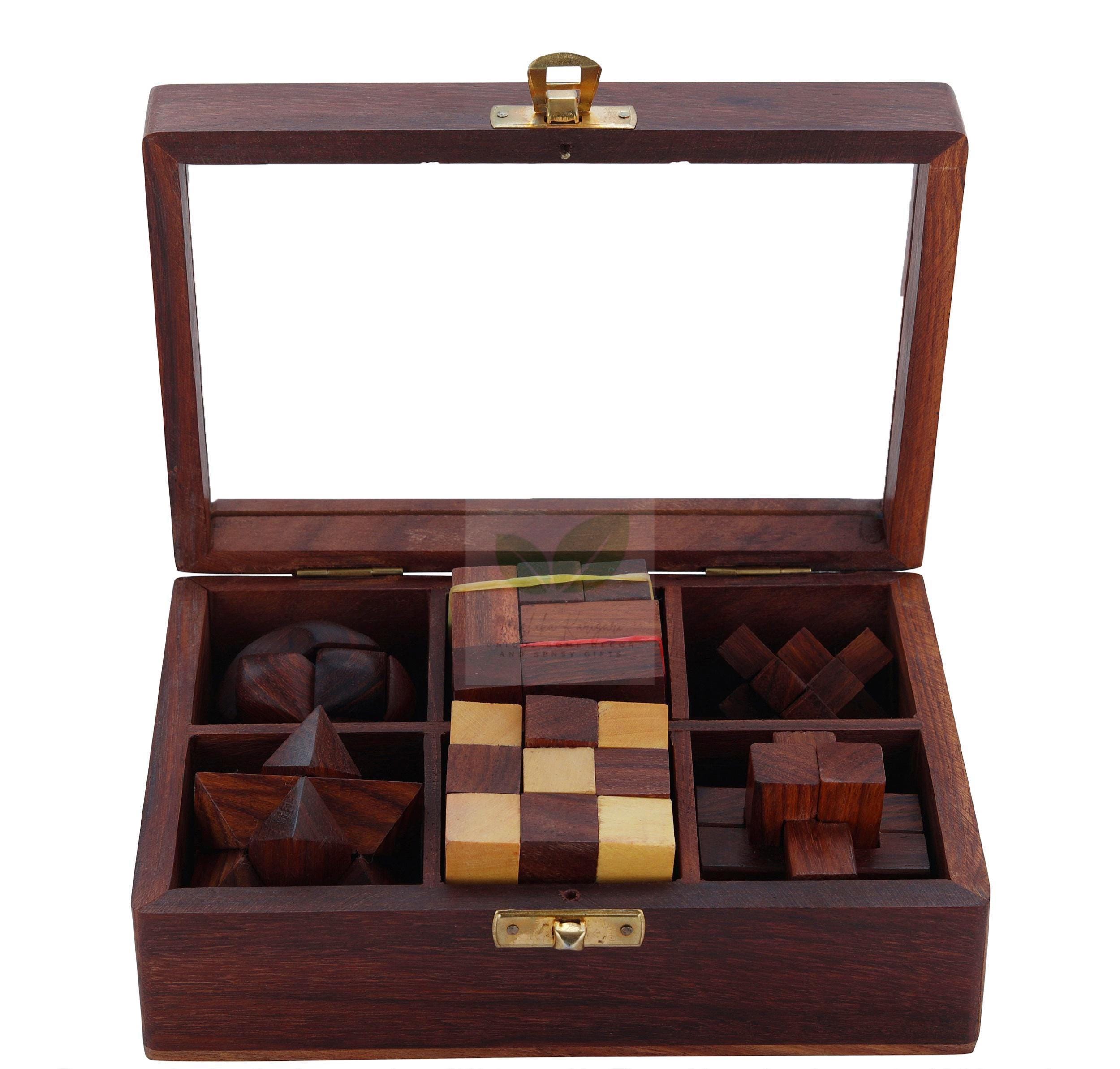 Handcrafted Wooden Brain Teaser Puzzle Set: 6-in-1 IQ Game Made in ...