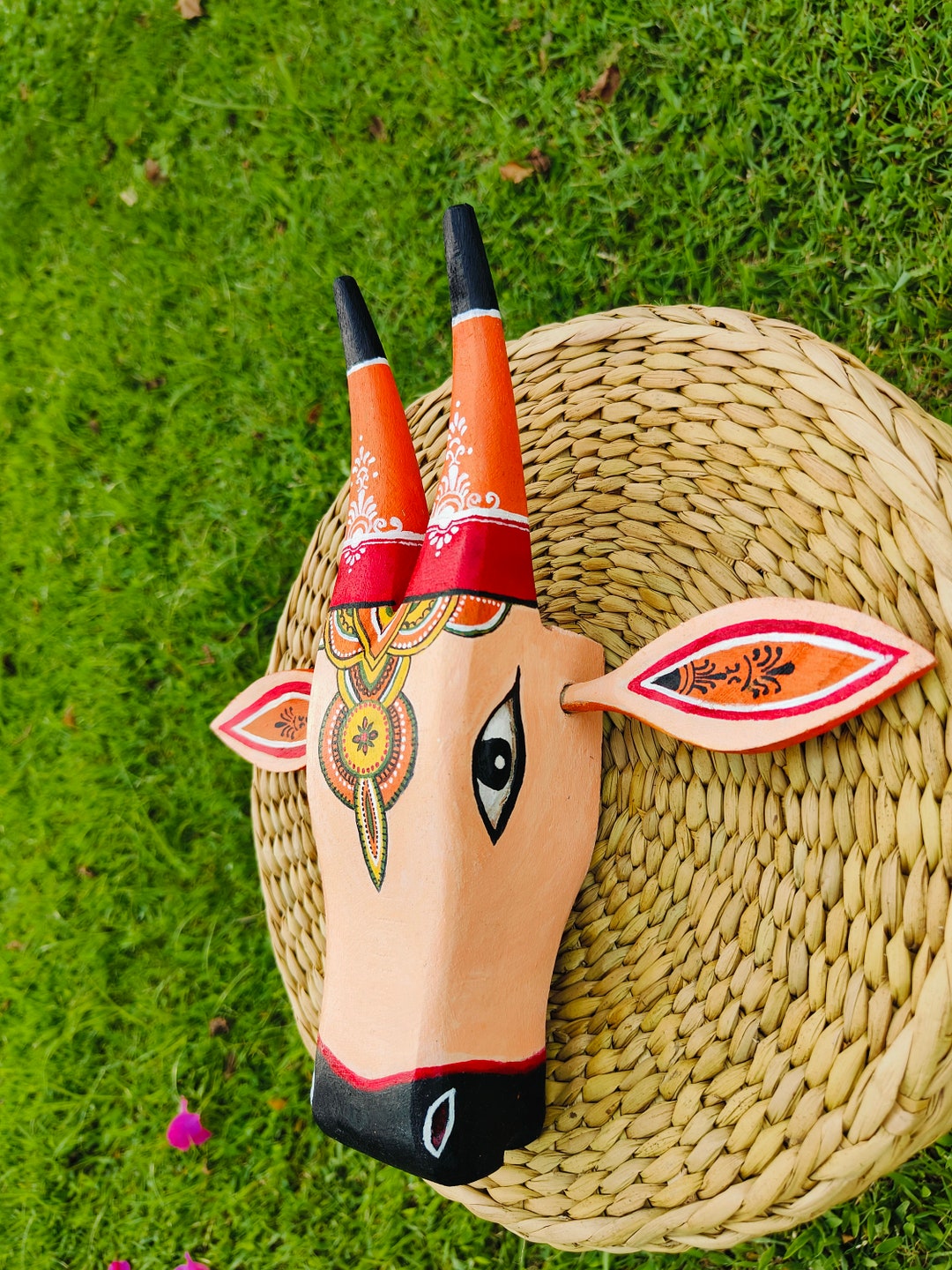 Mango Wood Bull Head Wall Art: Indian Alpona Style - Etsy
