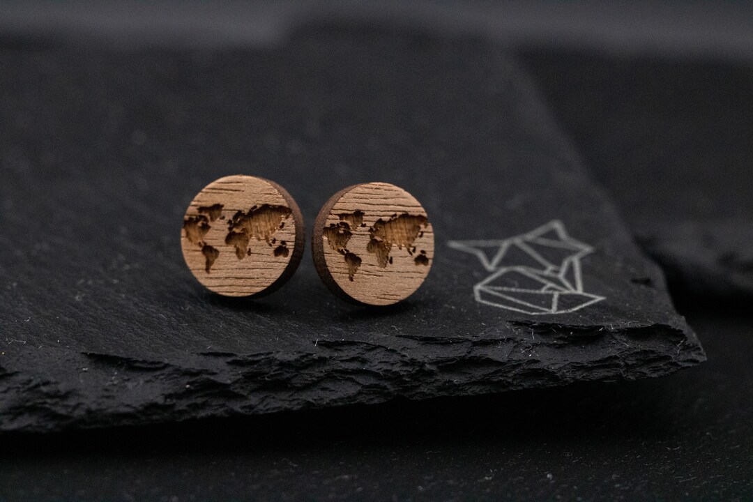 World Map Stud Earrings, Wood, Laser, Handmade, Wooden Jewelry. - Etsy