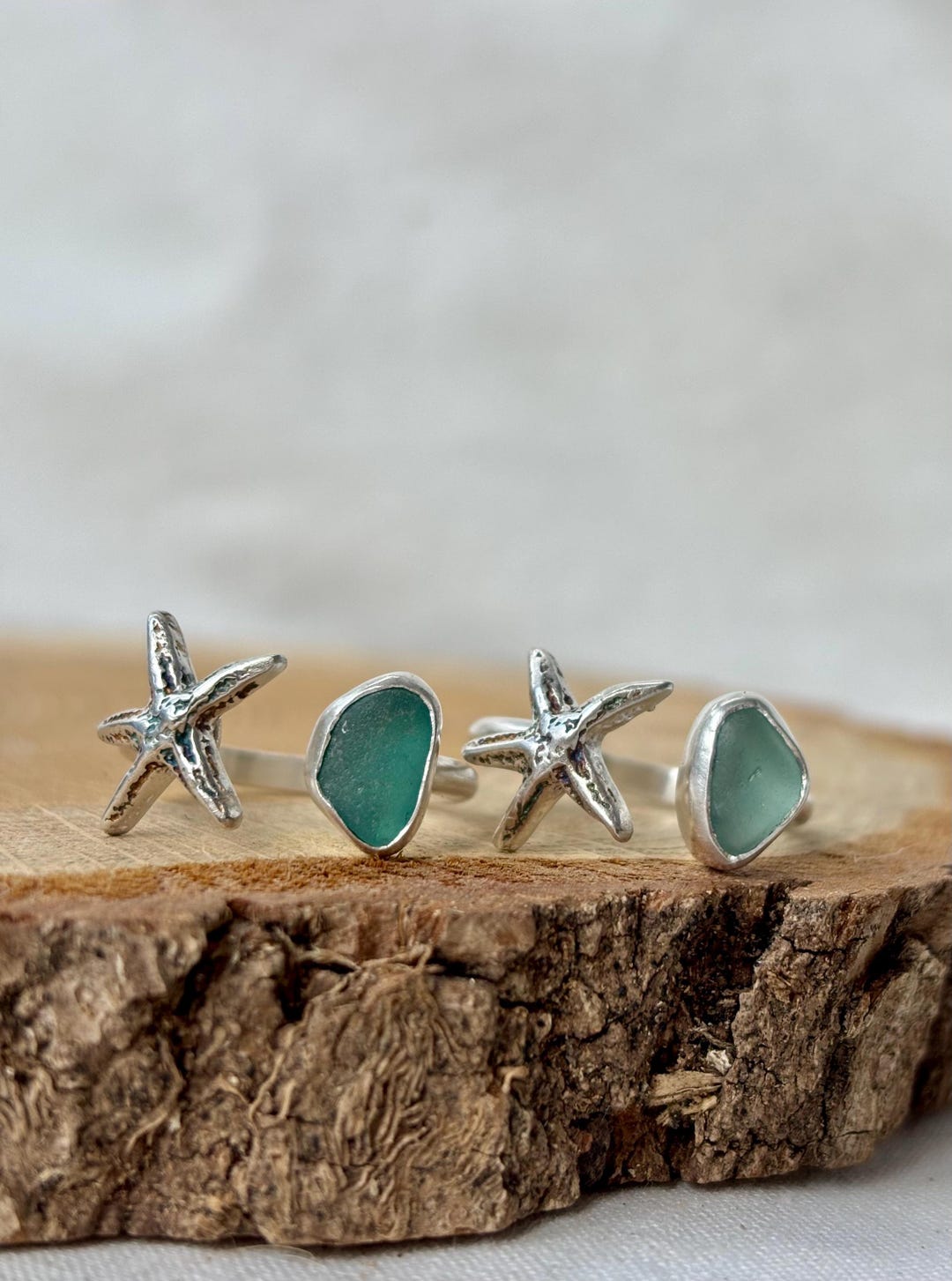 Adjustable Sea Glass Ring, Thumb Ring, Sea Star Ring, Blue Sea Glass ...
