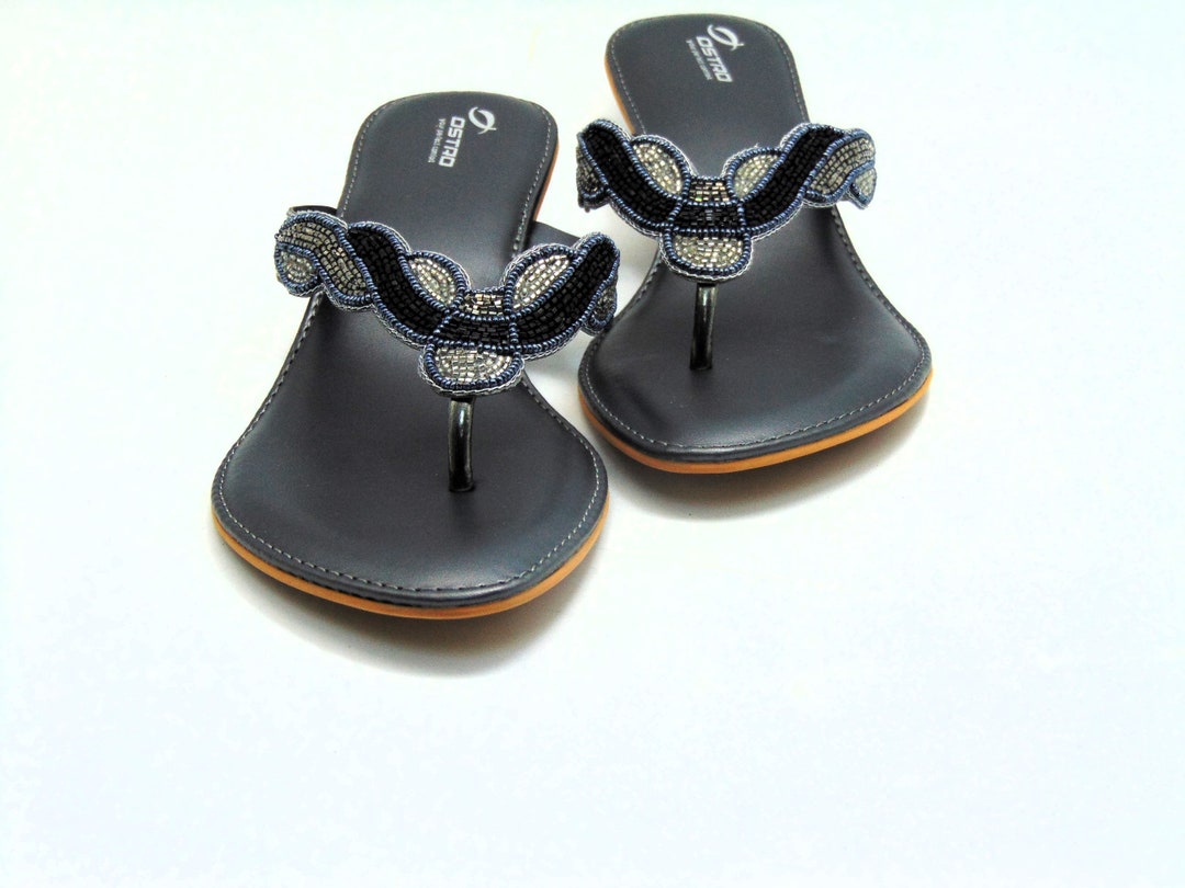 Indian Made Wedge in Gray, Embroidered With a Variety of Beads and Gray ...