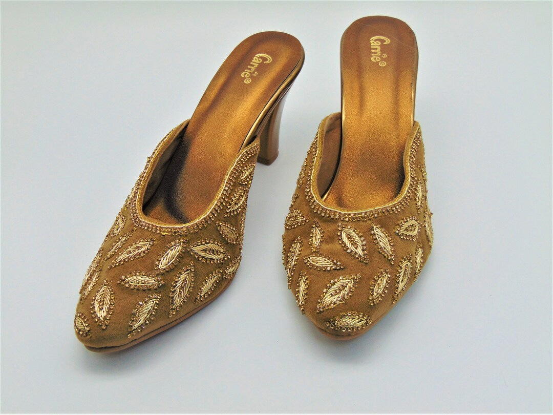 3 Inch Slip on Bridal Shoes With Zardozi Work on Velvet With Golden ...
