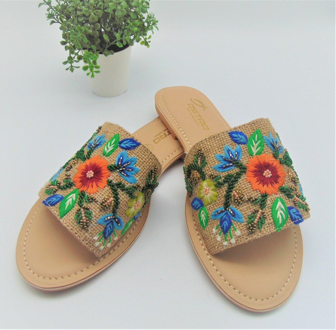 Embroidered Floral Sandals, Beaded Espadrille-like Design - Etsy
