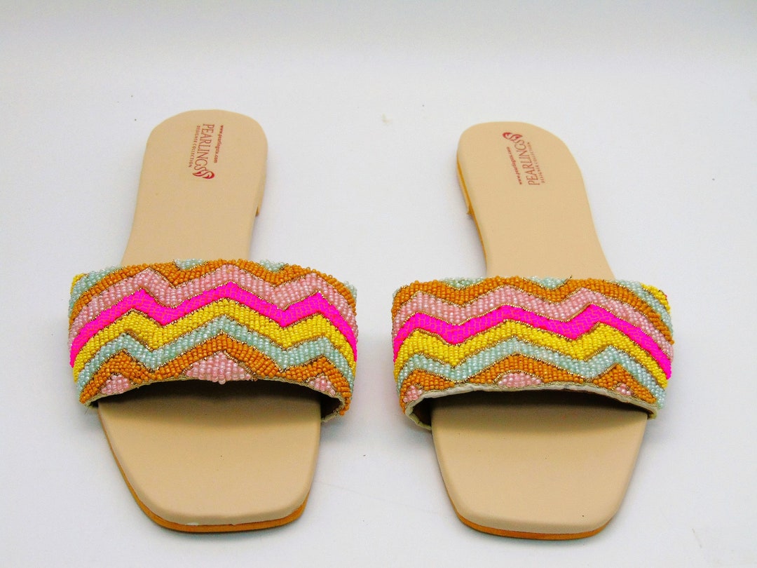 Multi Color Zigzag Pattern Embroidered Flat Sandal, Sandals With Floral ...