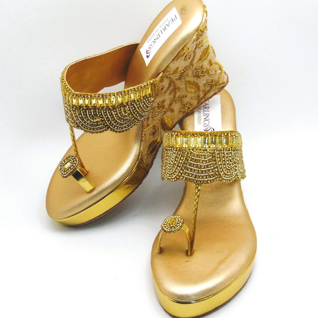 Gold Indian Toe Ring Synthetic Leather Shoes With Embroidery, Wedges ...