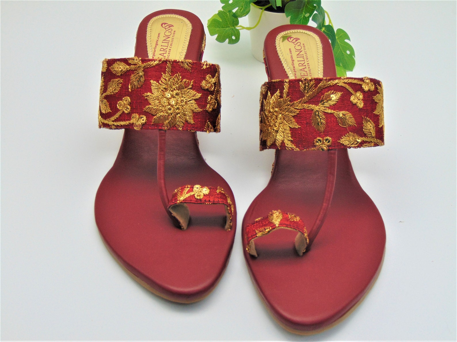 Red With Gold Floral Wedge Heel With a Floral Design on Heel - Etsy