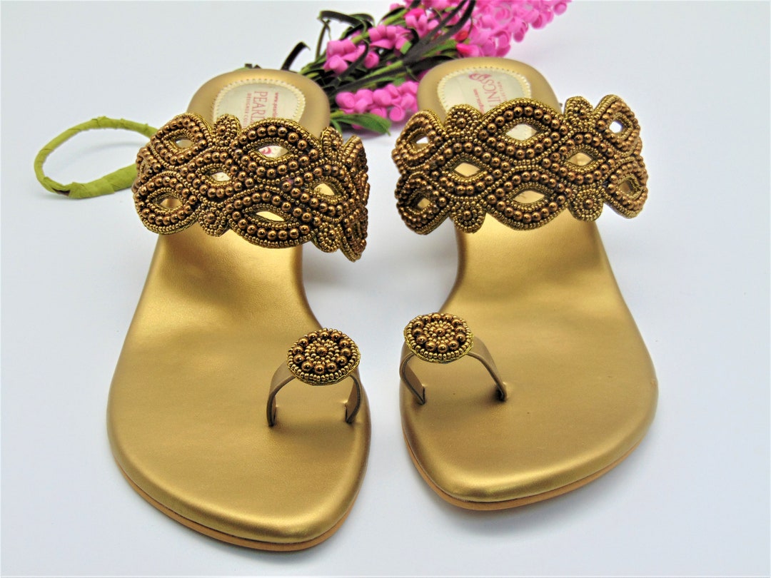 Toe Ring Wedge Heels With Embroidered Dark Gold Beads With Small Gold ...