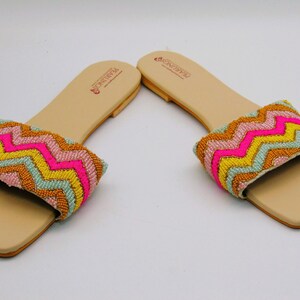 Multi Color Zigzag Pattern Embroidered Flat Sandal, Sandals With Floral ...