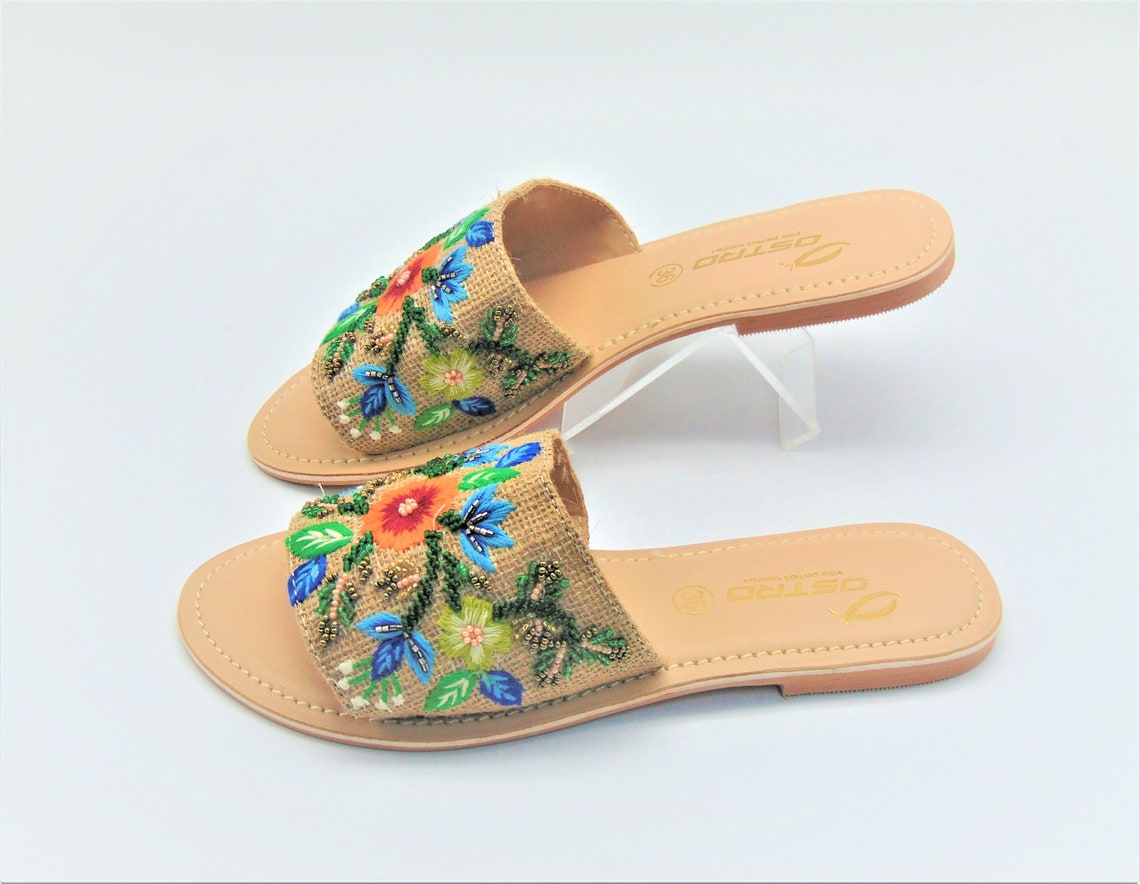 Embroidered Floral Sandals, Beaded Espadrille-like Design - Etsy
