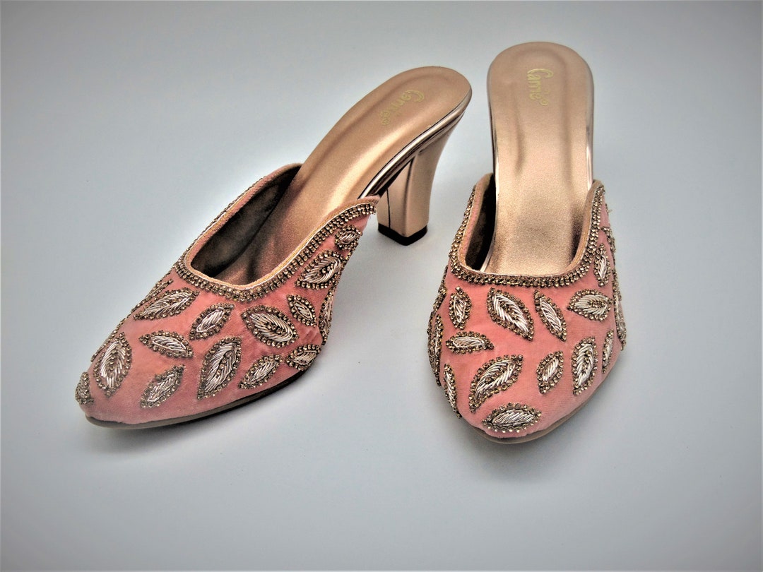 3 Inch Slip on Bridal Shoes With Zardozi Work on Velvet Rose Gold - Etsy