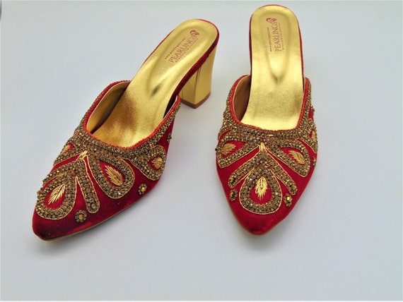 3 Inch Slip on Bridal Shoes With Zardozi Work on Red Velvet | Etsy