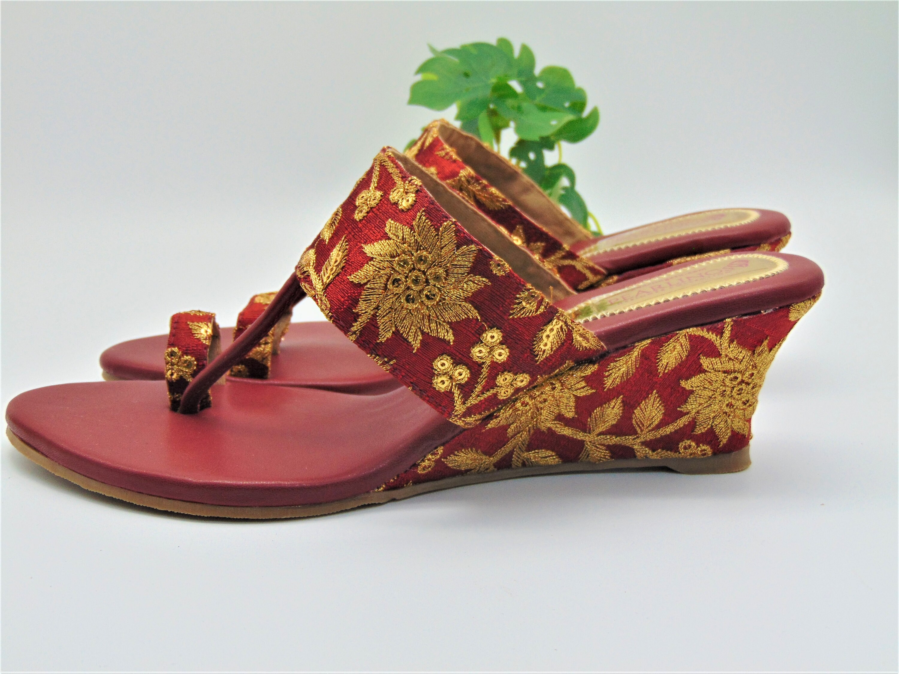 Red With Gold Floral Wedge Heel With a Floral Design on Heel - Etsy