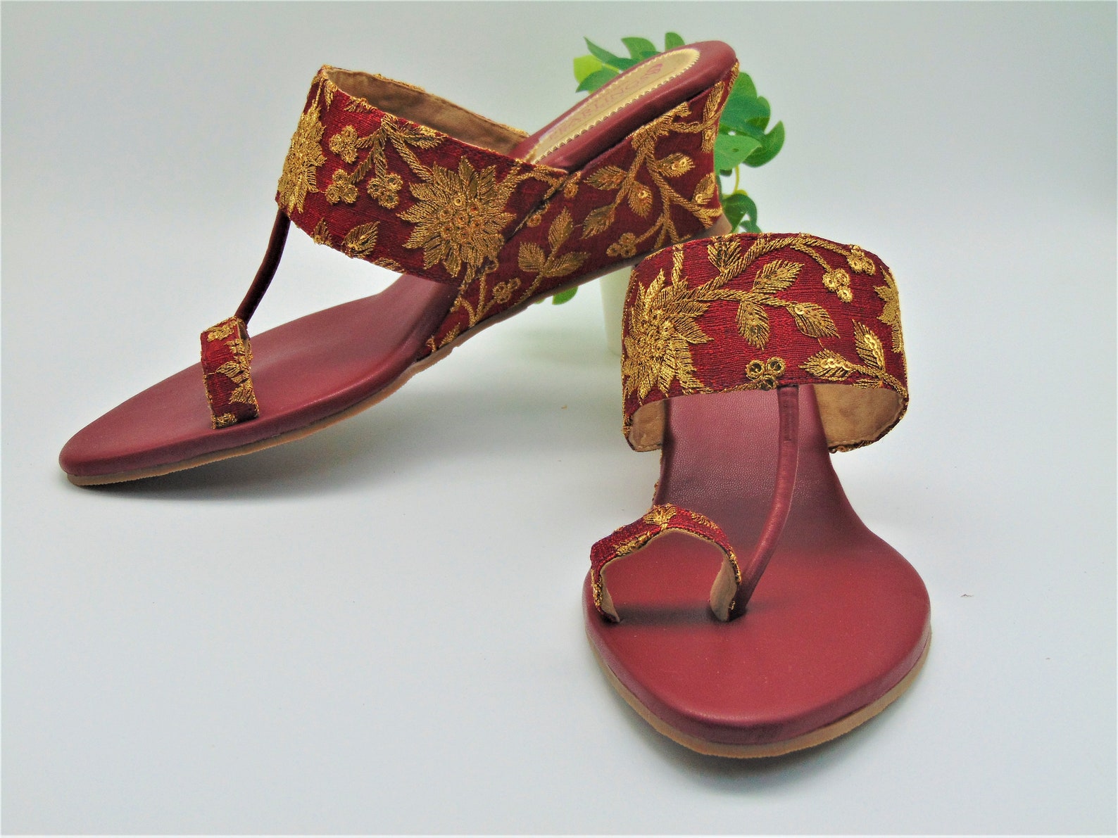 Red With Gold Floral Wedge Heel With a Floral Design on Heel - Etsy